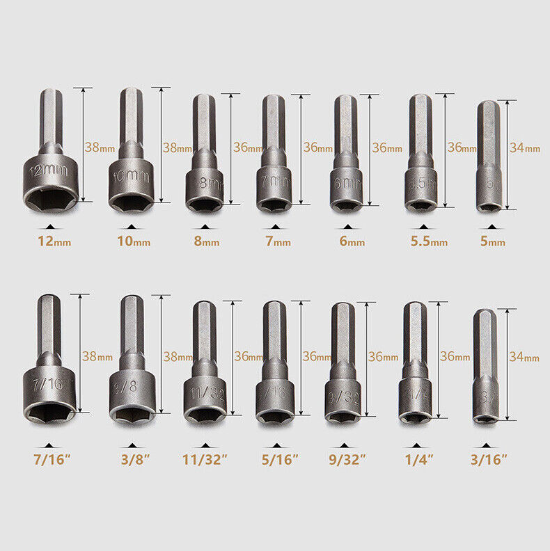 14x Power Nut Driver Drill Bit Set SAE Metric Socket Wrench Screw 1/4 ...
